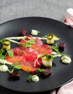 beetroot cured salmon with pickled cucumber, horseradish & avocado ...