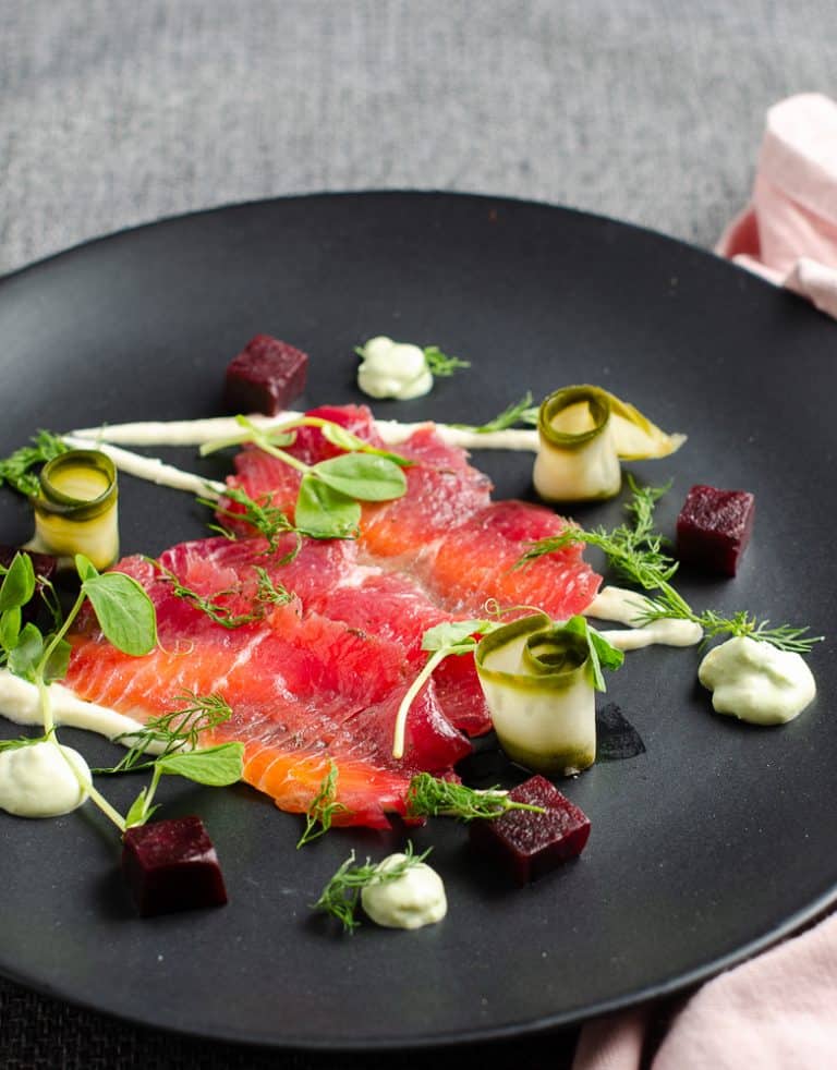 beetroot cured salmon with pickled cucumber, horseradish & avocado ...