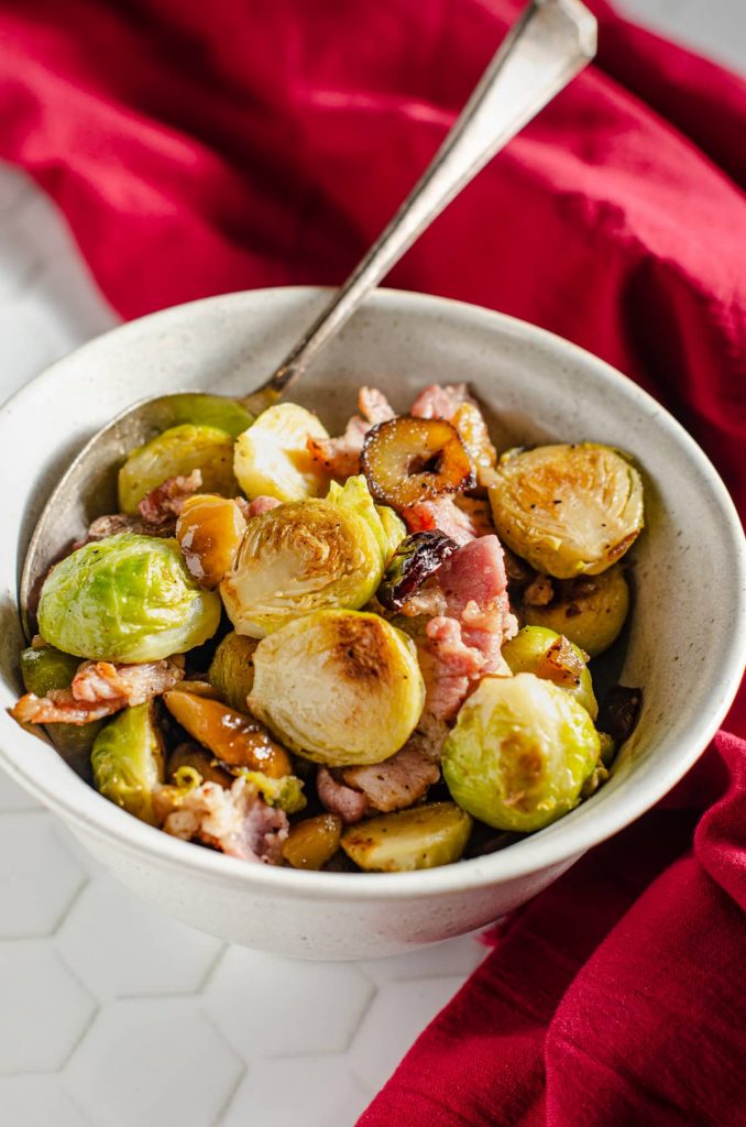 Roasted Brussels Sprouts with Bacon & Chestnuts - Lost in Food