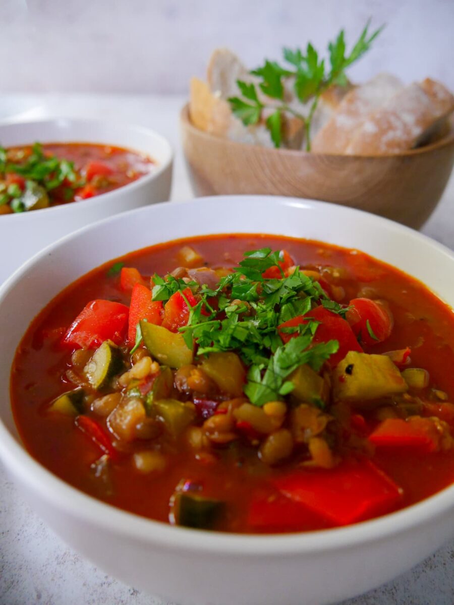 Easy Tomato Vegetable Soup with Harissa - Lost in Food
